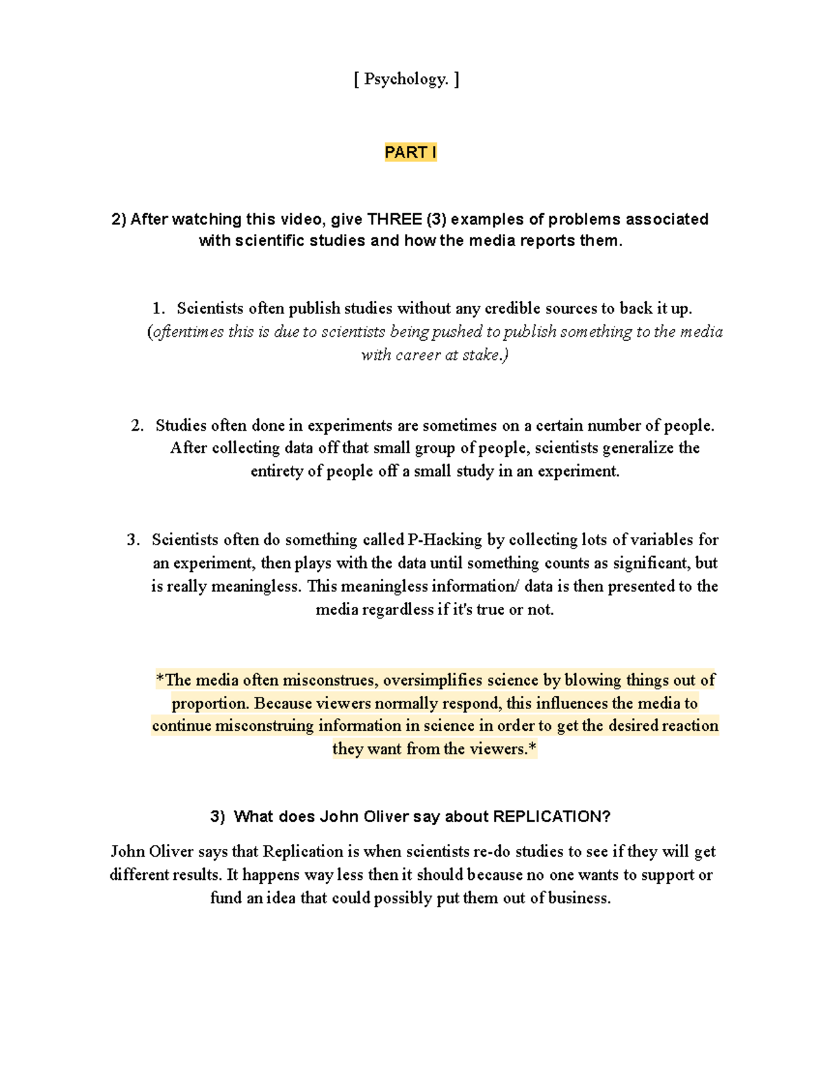 Psych 101 Chap. 1 Notes TO KNOW - PART I 2) After watching this video ...