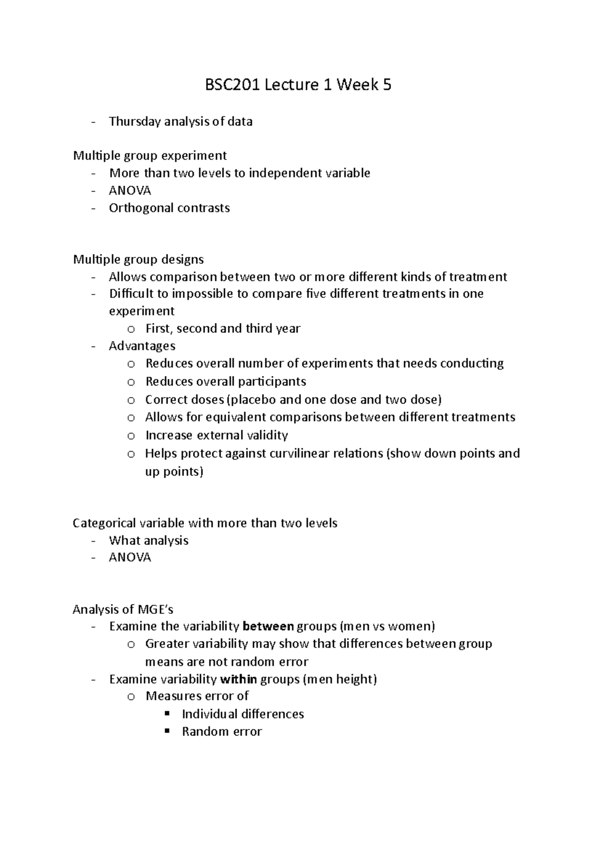 Multiple group experiment Lecture - BSC201 Lecture 1 Week 5 Thursday analysis of data Multiple ...