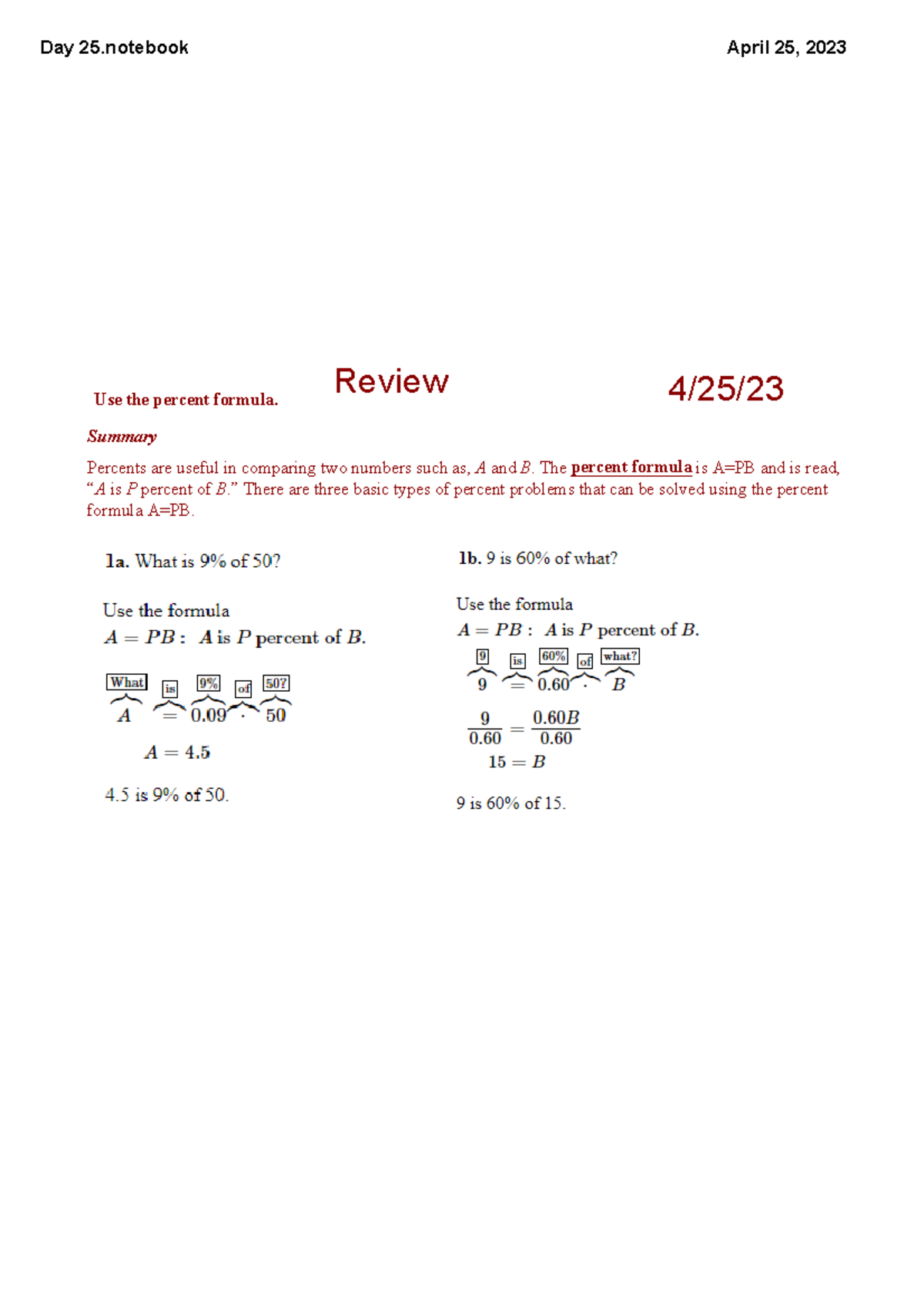 Day 25 - class work notes - MAT 1100 - Review Use the percent formula ...