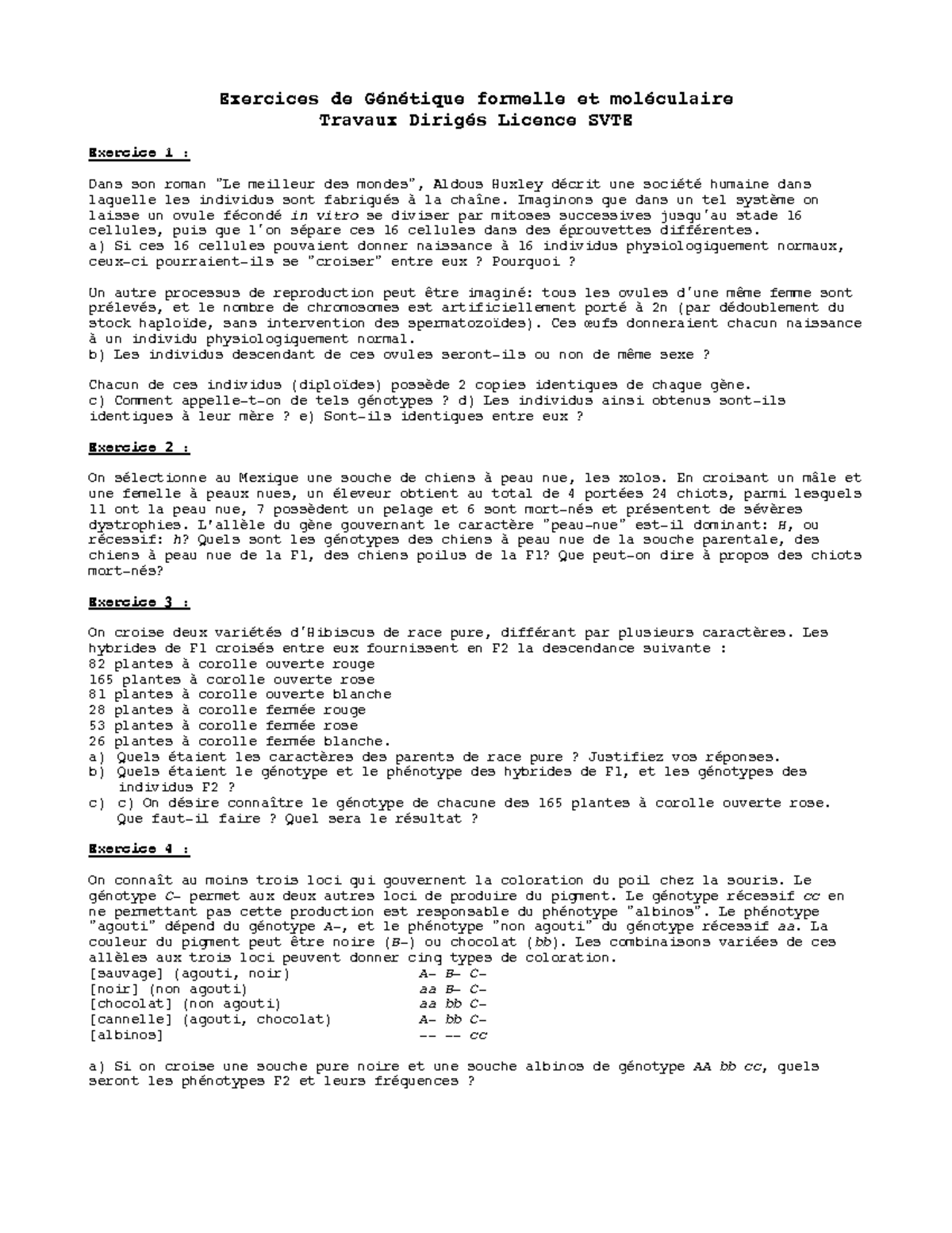 TD Exercices Genetique Formelle 2019-2020 - Exercices de Génétique ...