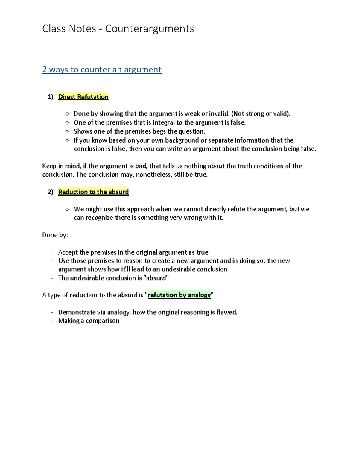 Class Notes - Counterarguments - 2 ways to counter an argument Direct ...