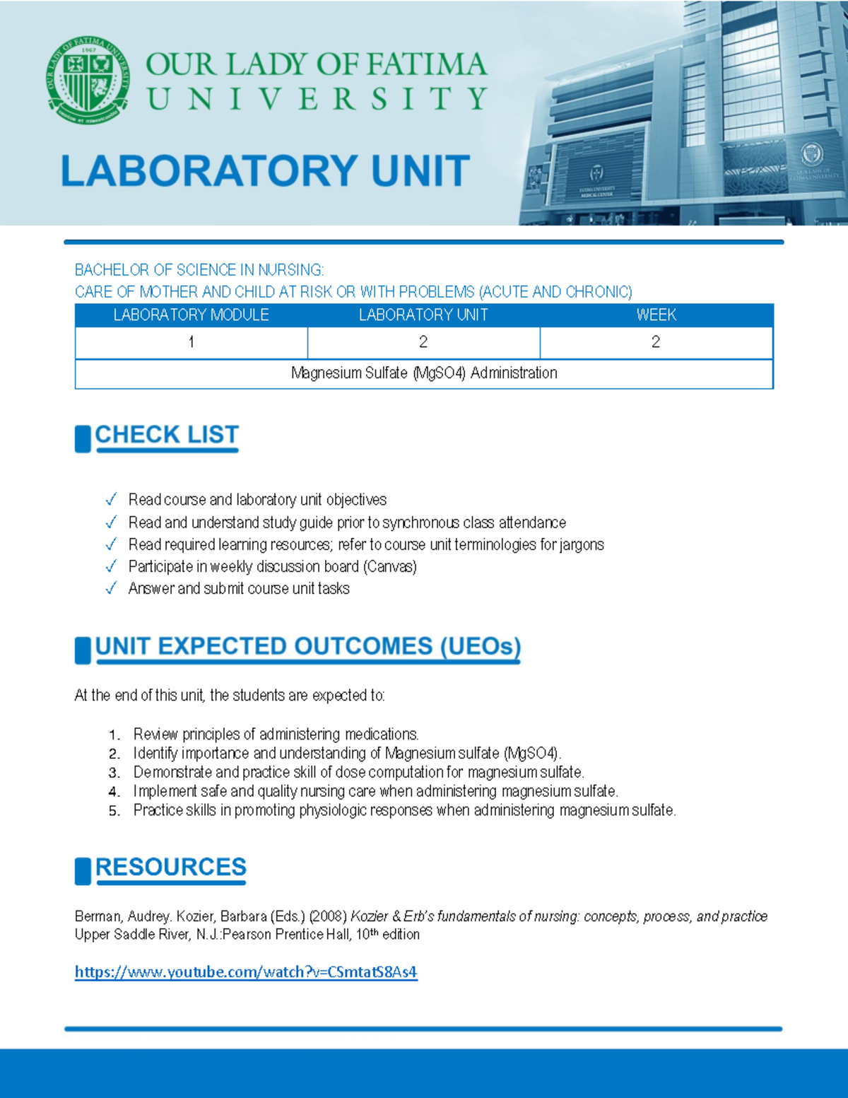 NCMA 219 RLE Laboratory Unit 2 BACHELOR OF SCIENCE IN NURSING CARE