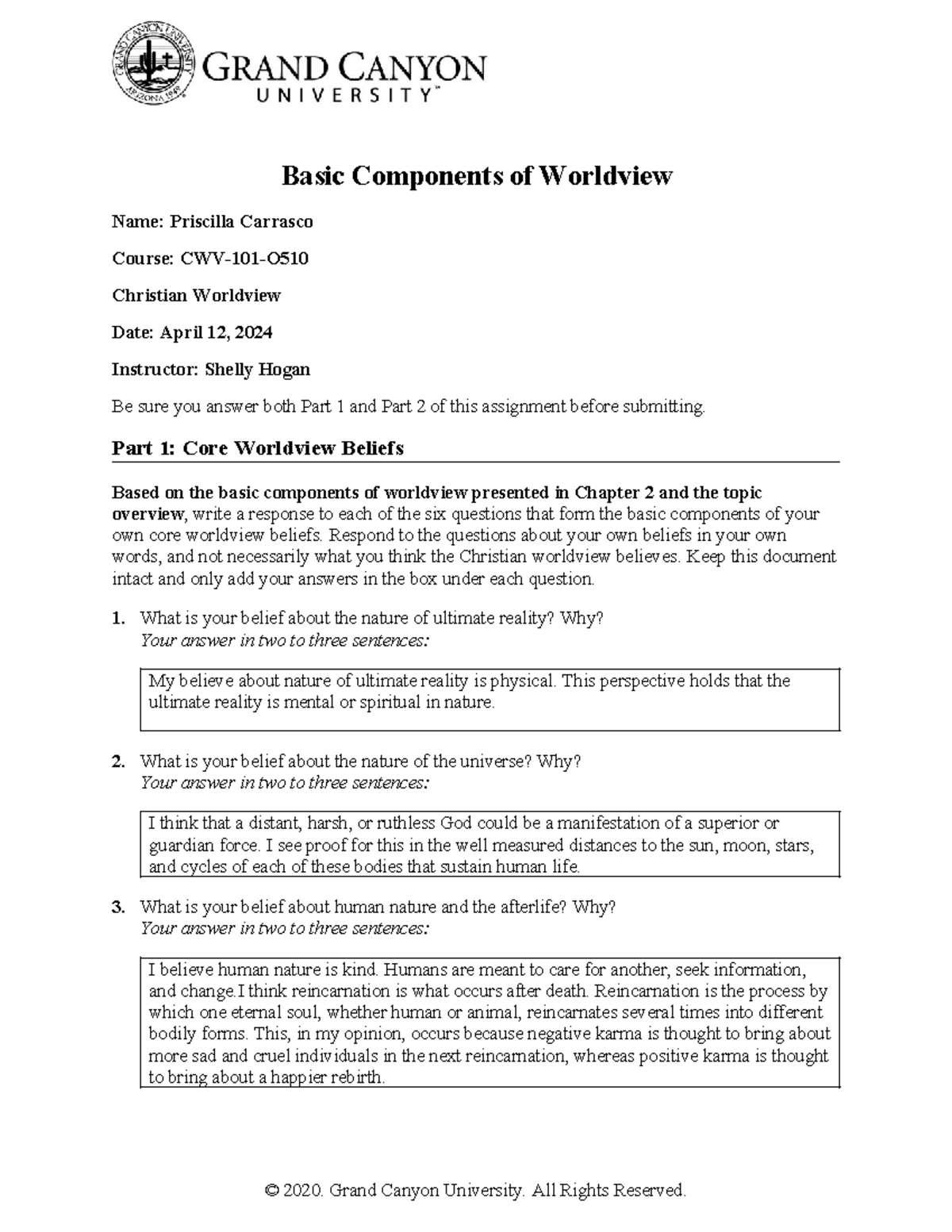 CWV 101 301 RS T1Basic Components Of Worldview - Basic Components of Worldview Name: Priscilla ...