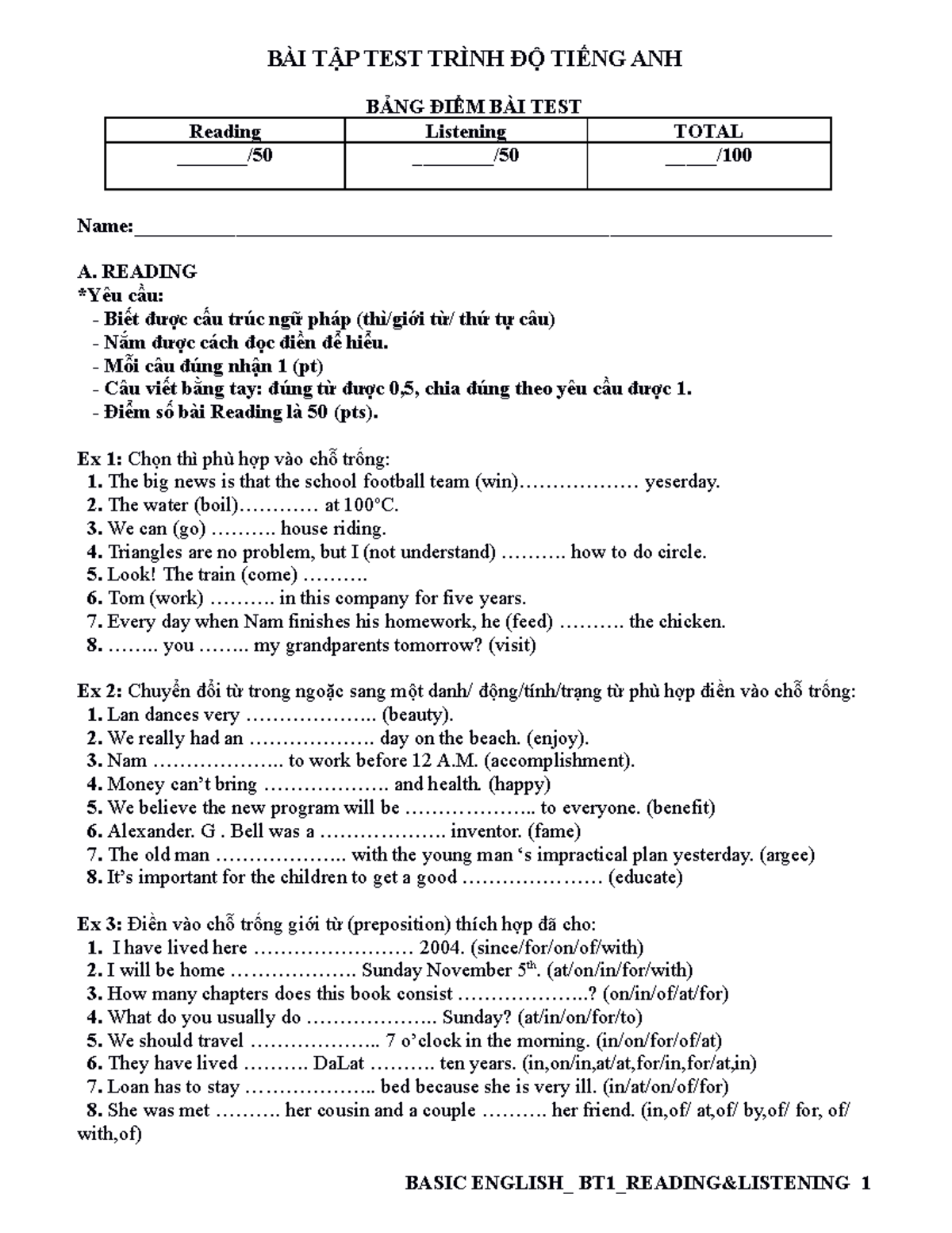 BT1 Basic English - ttt - BÀI TẬP TEST TRÌNH ĐỘ TIẾNG ANH BẢNG ĐIỂM BÀI ...