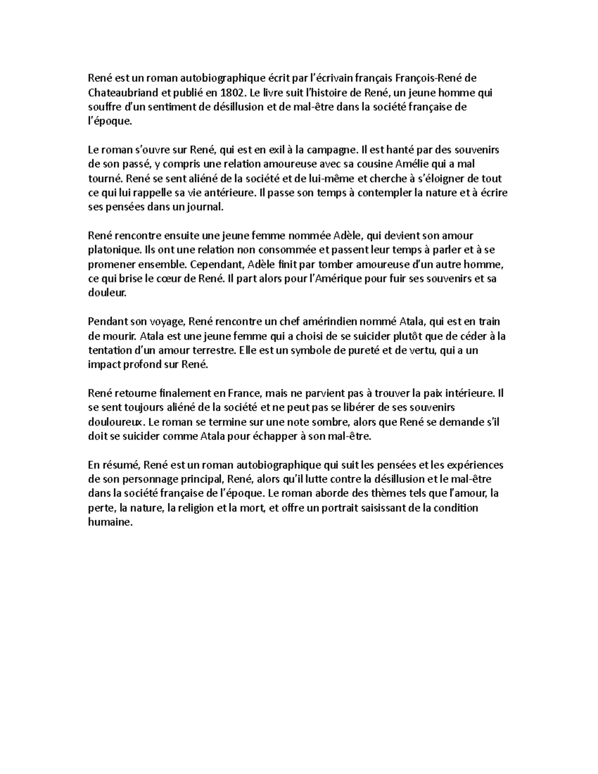 René - Petit résumé de l'oeuvre. - René - René est un roman ...