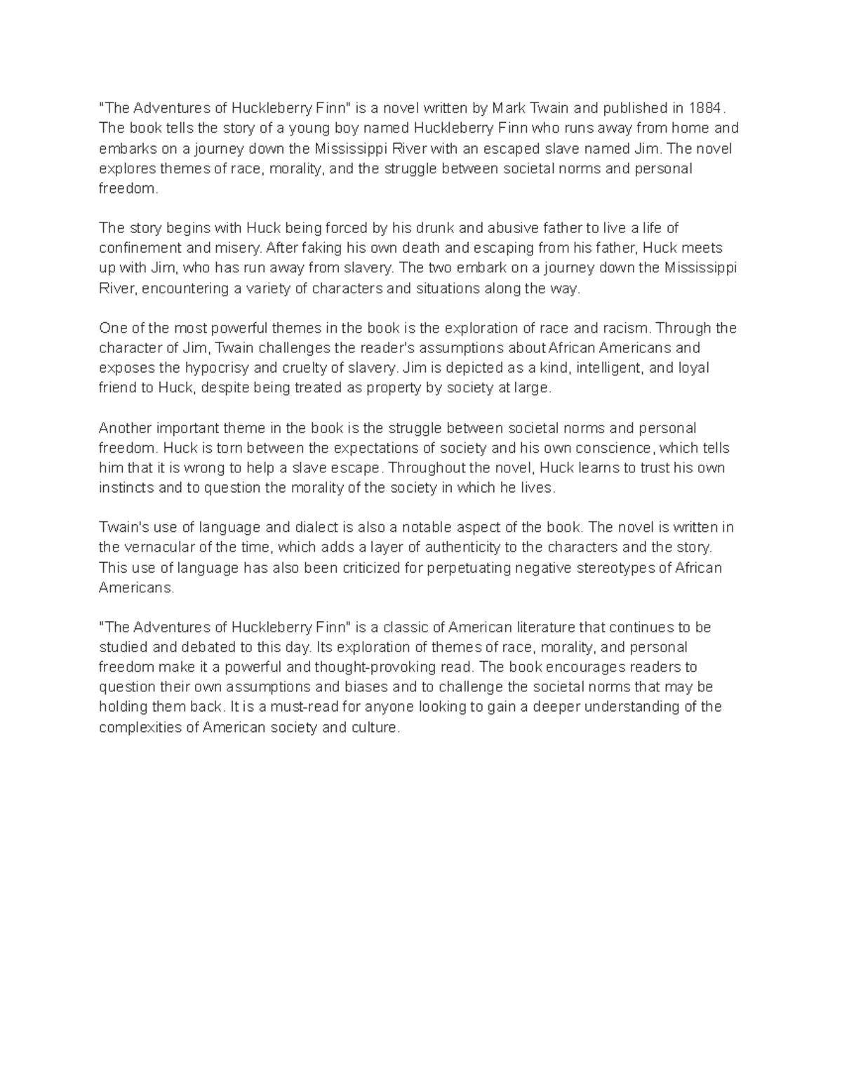 Huckleberry Finn Essay - "The Adventures of Huckleberry Finn" is a ...