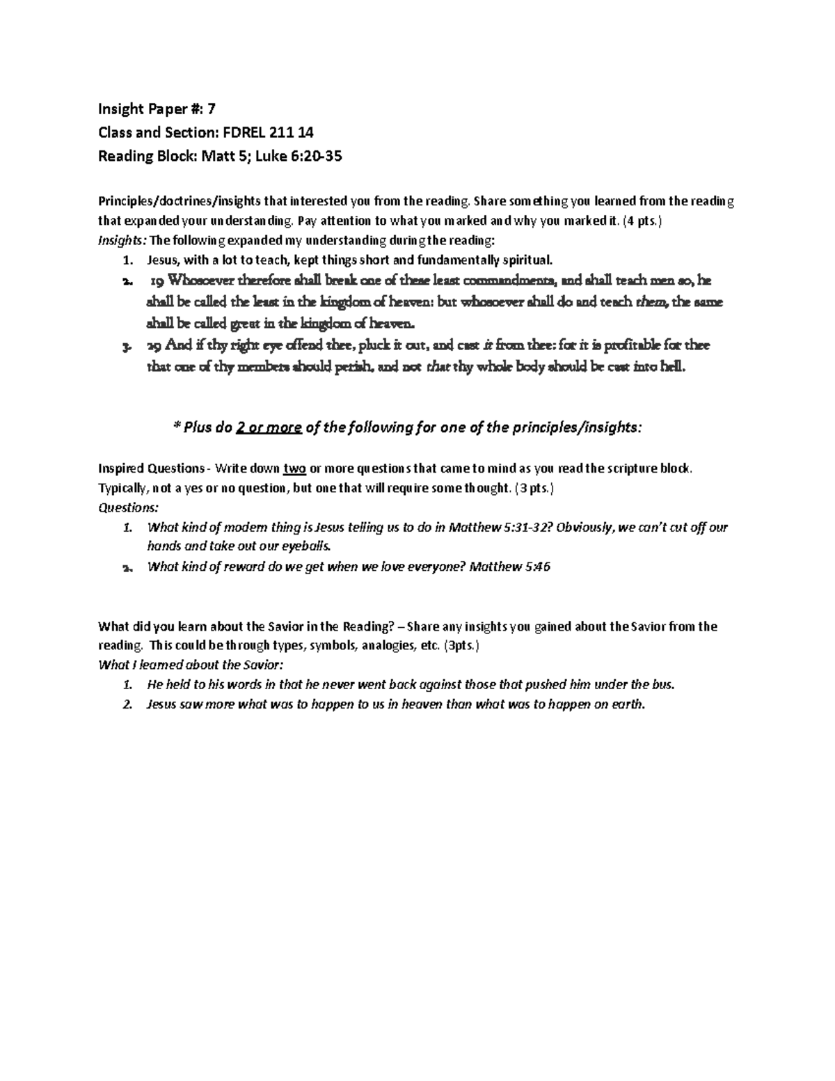 7 Insight Paper - For the class of Brother Parker. - Insight Paper 7 ...