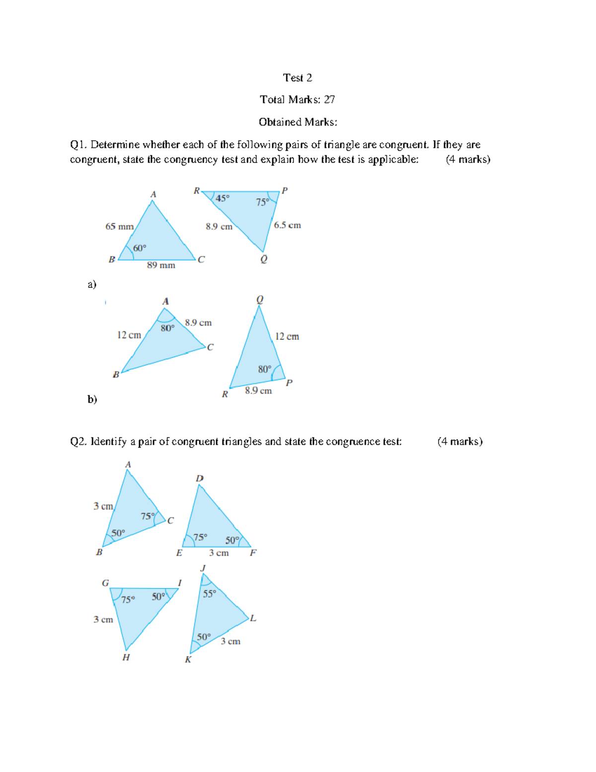 Test 2 - Calculus - Test 2 Total Marks: 27 Obtained Marks: Q1 ...