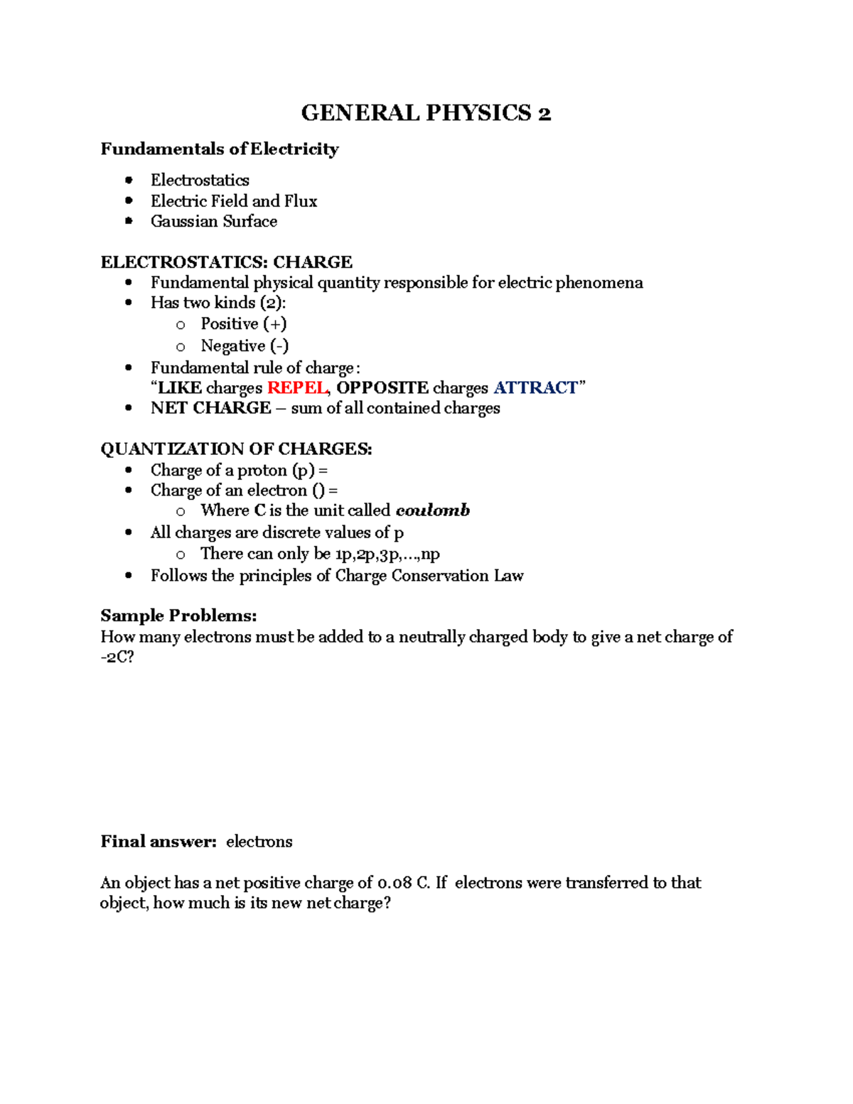 General Physics 2: Fundamentals of Physics, electrostatics ...