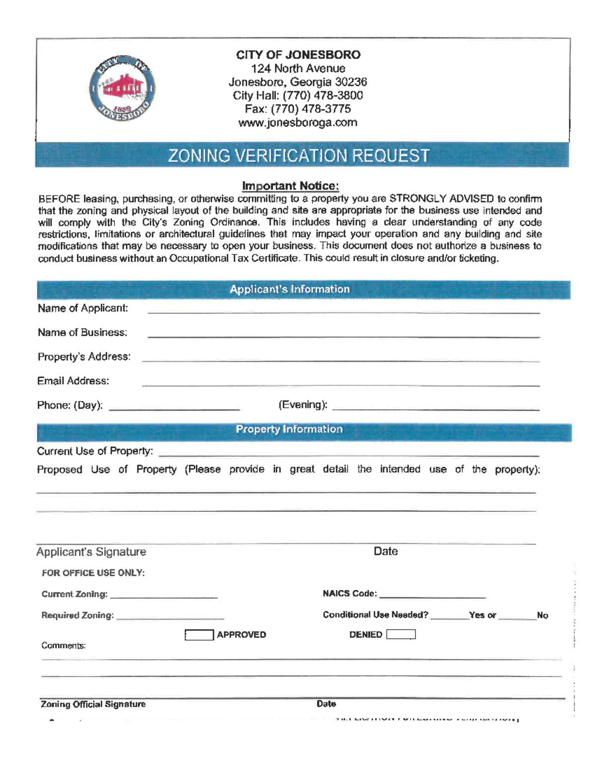 Zoning Verification Request - CITY OF JONESBORO CENTER 124 North Avenue ...