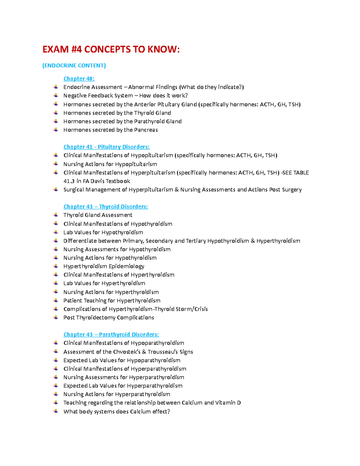 exam 4 thinfs to know - EXAM #4 CONCEPTS TO KNOW: (ENDOCRINE CONTENT ...
