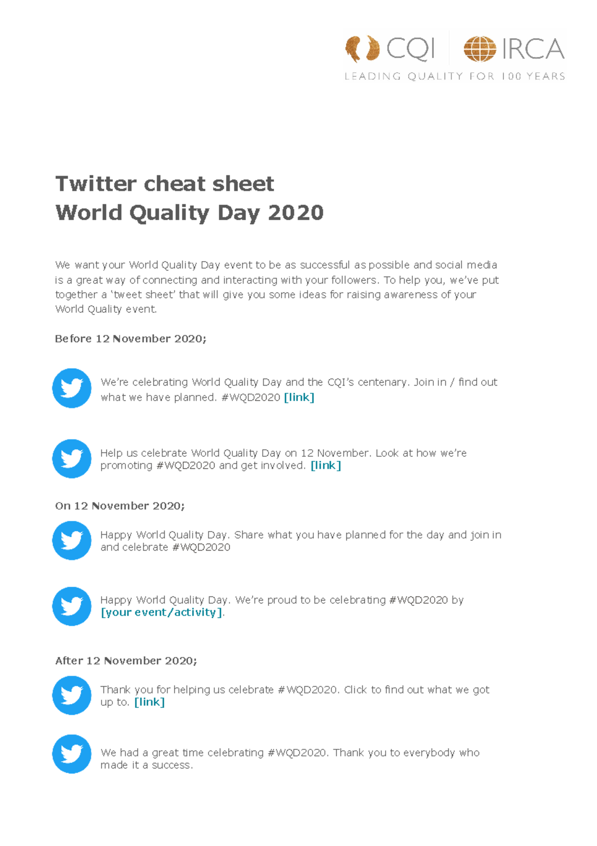 World Quality Day 2020 - Twitter cheat sheet - Twitter cheat sheet ...