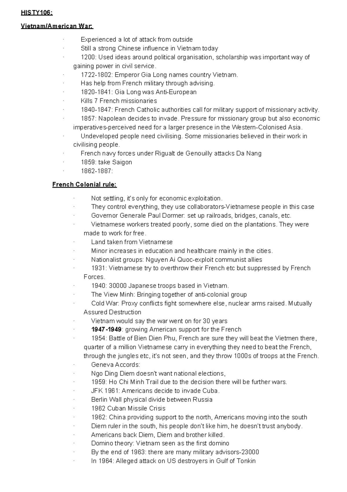 HISTY106 15 5 2018 - Lecture notes 1 - HISTY106: Vietnam/American War ...