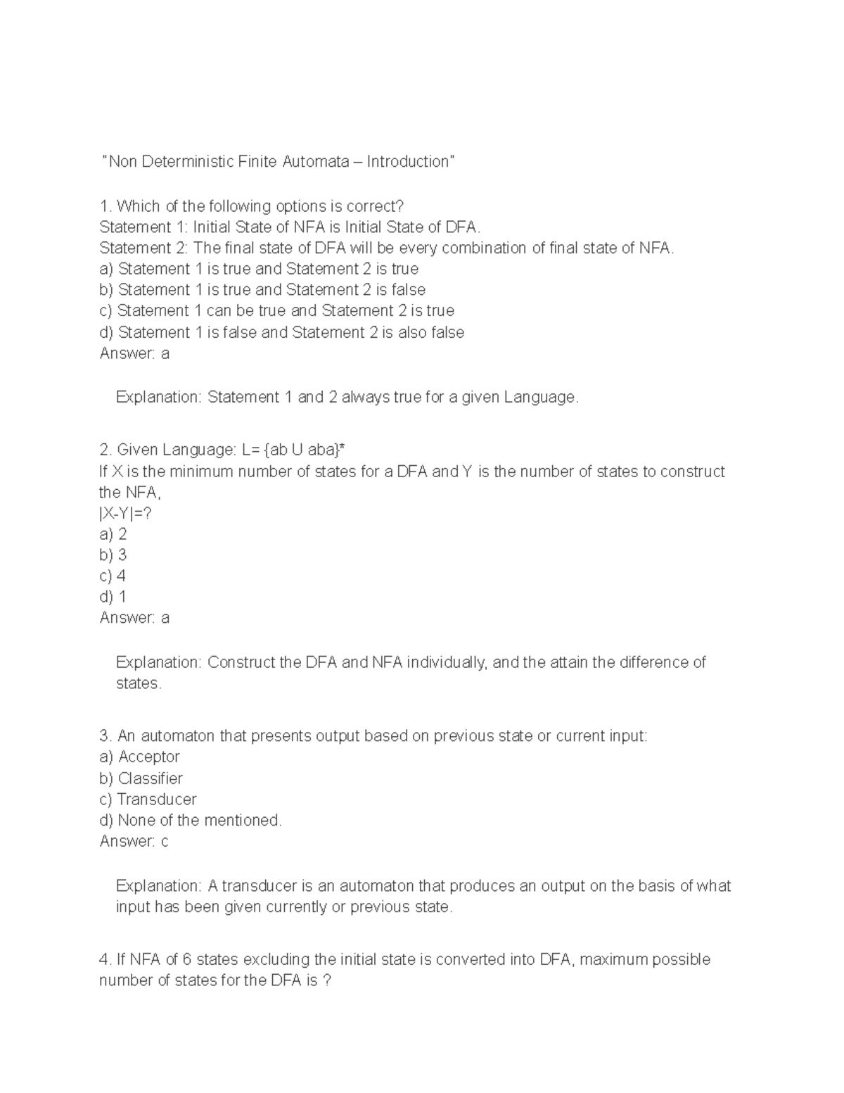Theory Of Computation Non Deterministic Finite Automata Introduction” Which Of The
