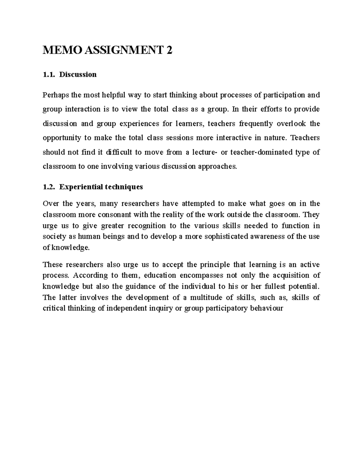 Memo Assignment 2 Summarize Memo Assignment 2 1 Discussion Perhaps The Most Helpful Way To