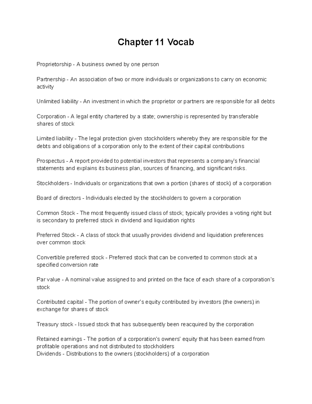 Chapter 11 Vocab - Chapter 11 Vocab Proprietorship - A business owned ...