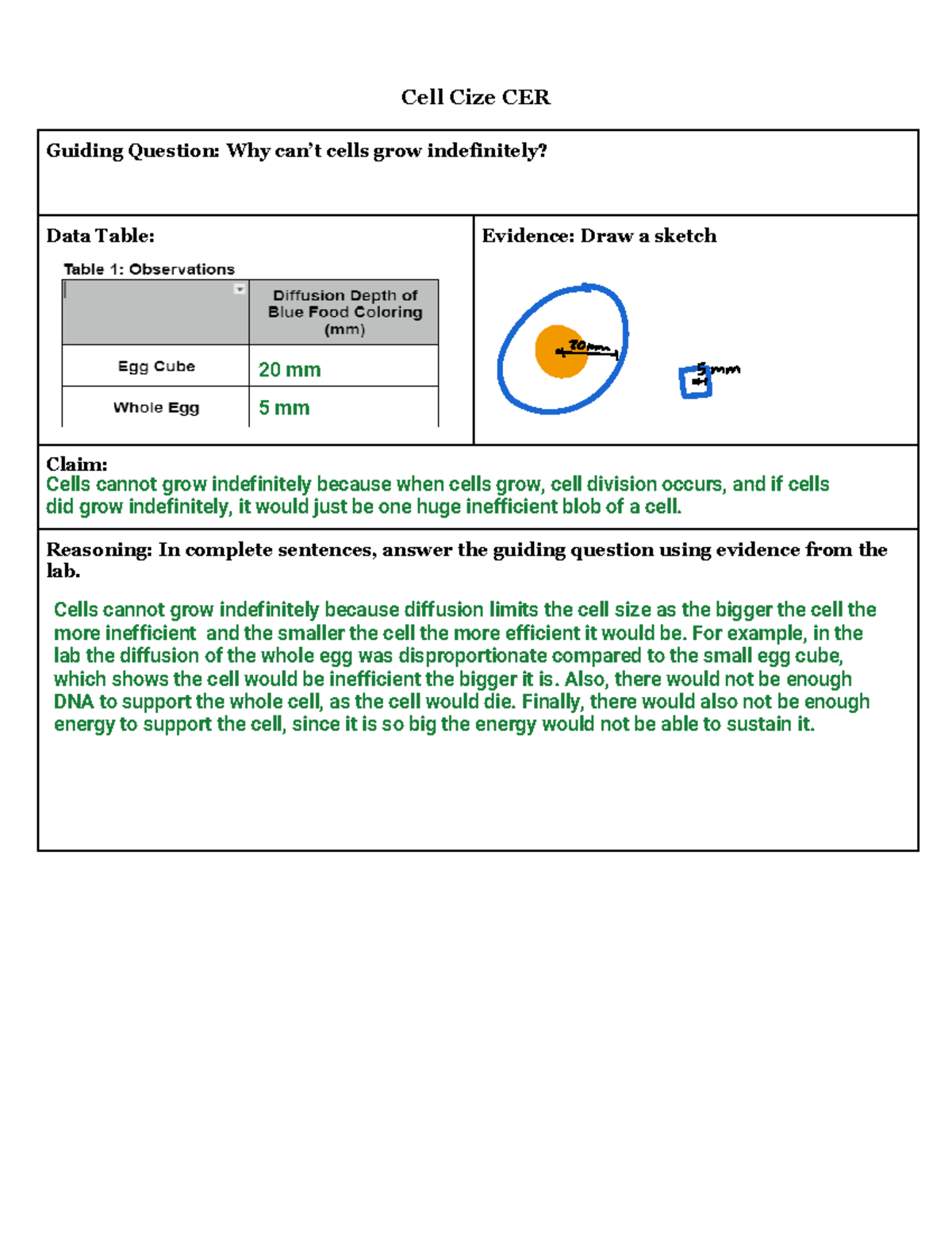 Cell Cize CER paragraph - Cell Cize CER Guiding Question: Why can’t ...
