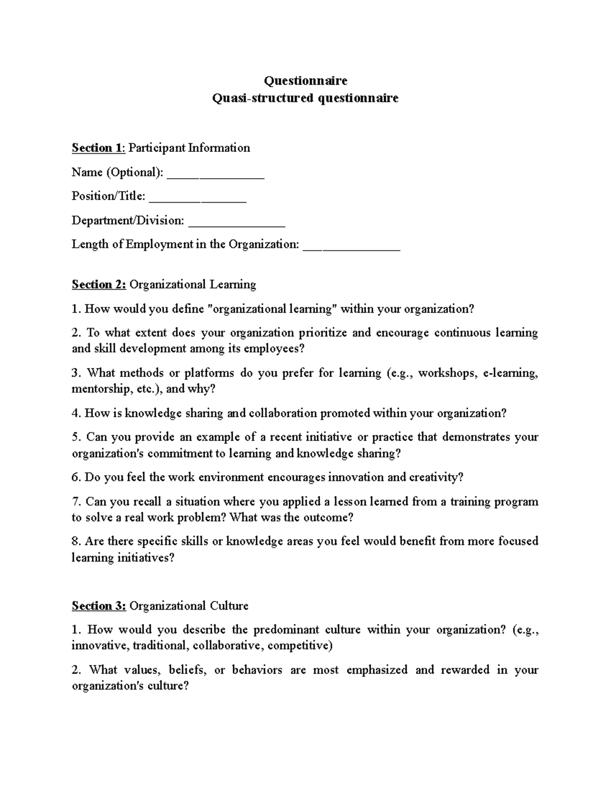 Questionnaire - Questionnaire Quasi-structured questionnaire Section 1 ...
