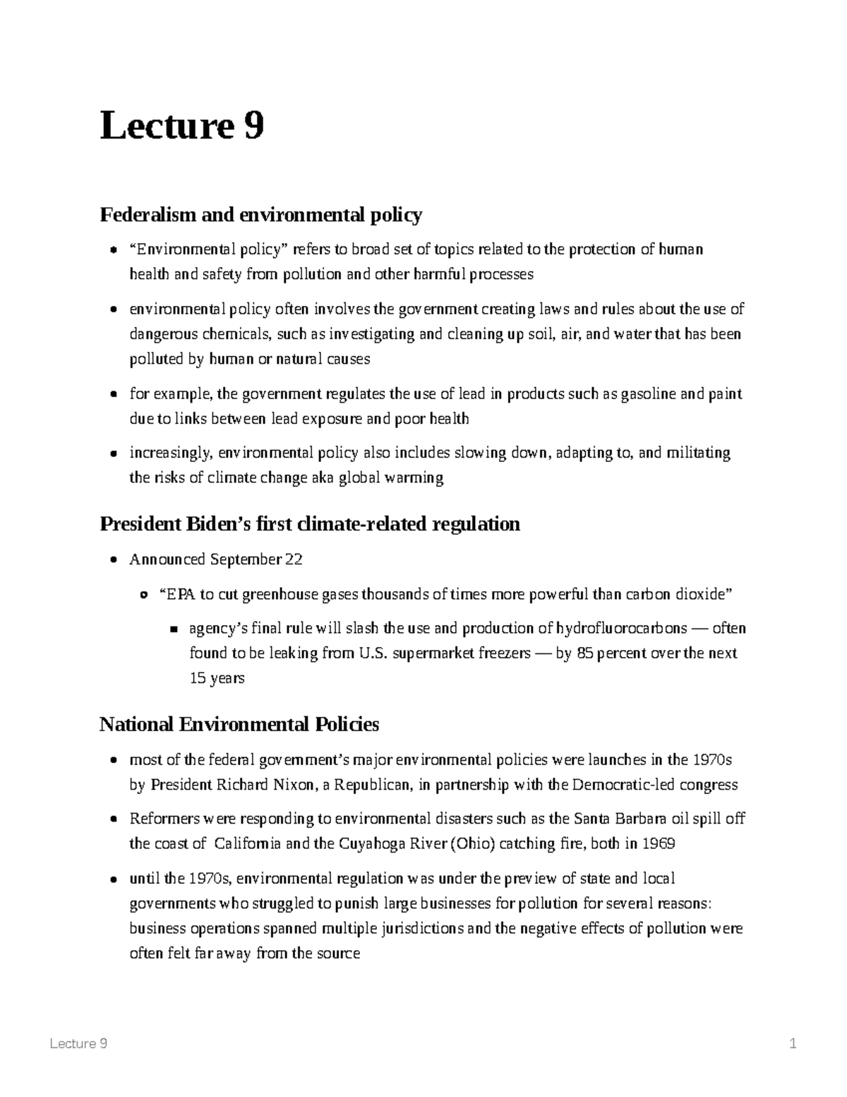 Lecture 9 - Cameron Dehart - Lecture 9 Federalism and environmental policy