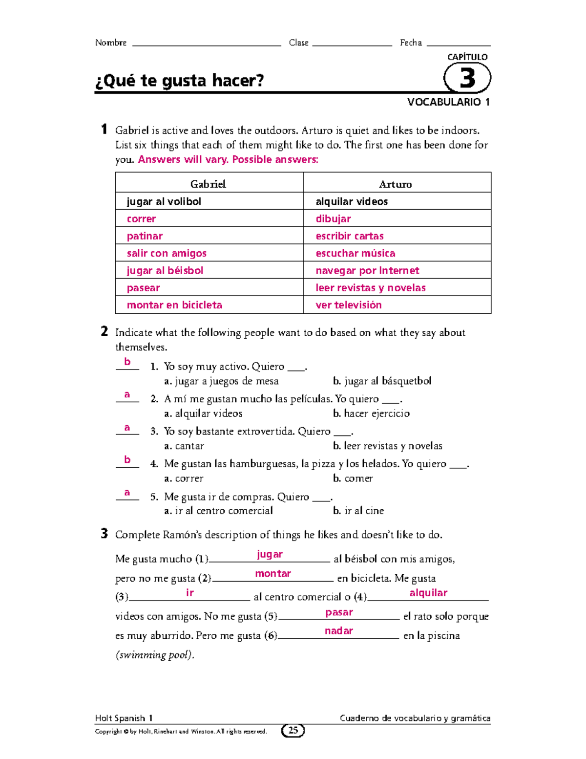 Ch3 Chapter 3 Holt Spanish 1 Cuaderno De Vocabulario Y Gramática 1 Gabriel Is Active And