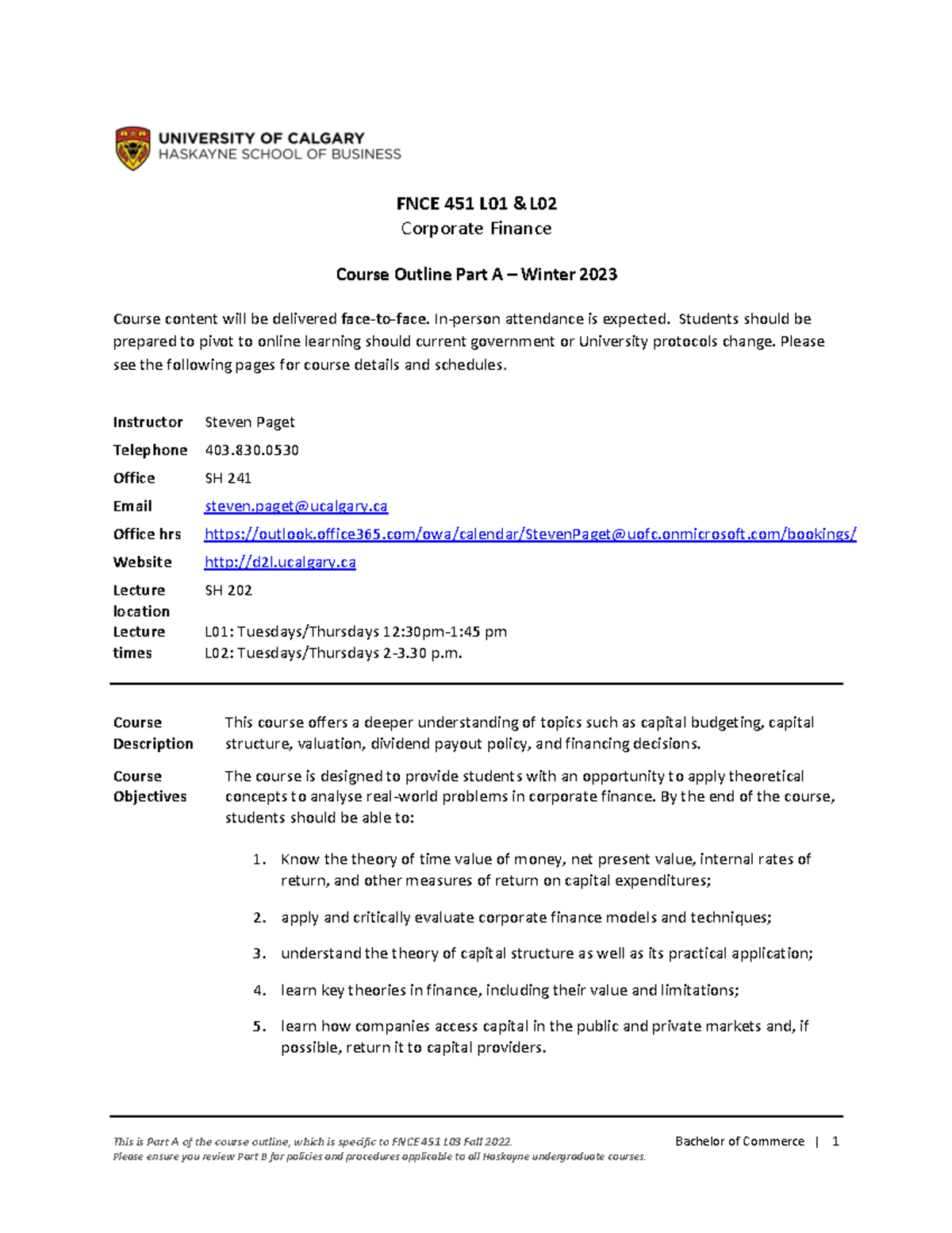 W23 FNCE 451 L01 L02 Course Outline Part A - Steven Paget-2 - This is ...