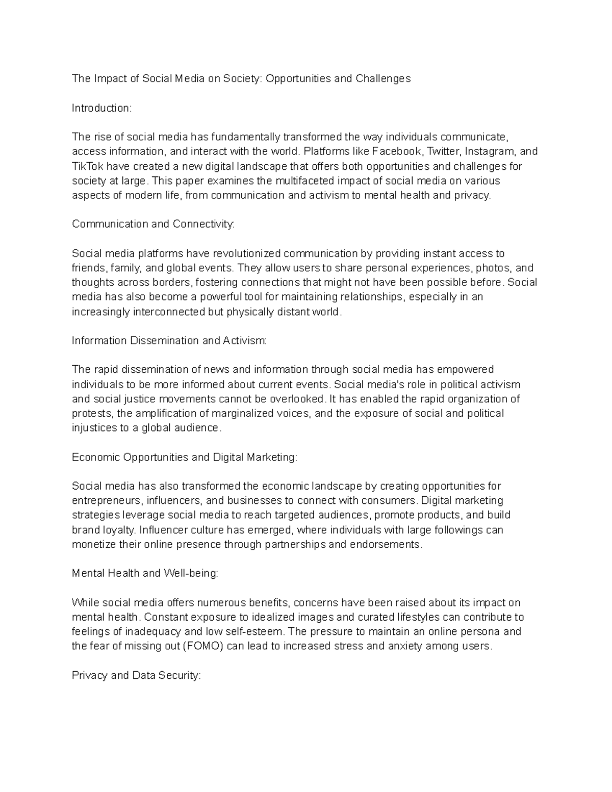 Social Media Paper - Summary Hist Sem: - The Impact of Social Media on ...