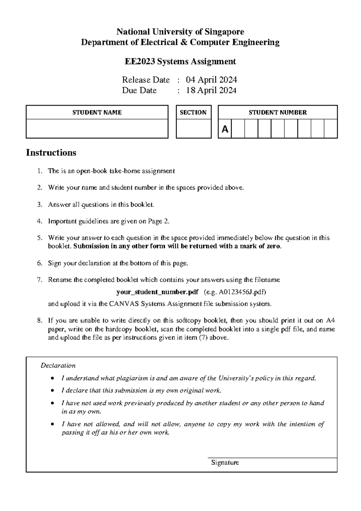 EE2023 Systems Assignment-crane - National University of Singapore Department of Electrical ...
