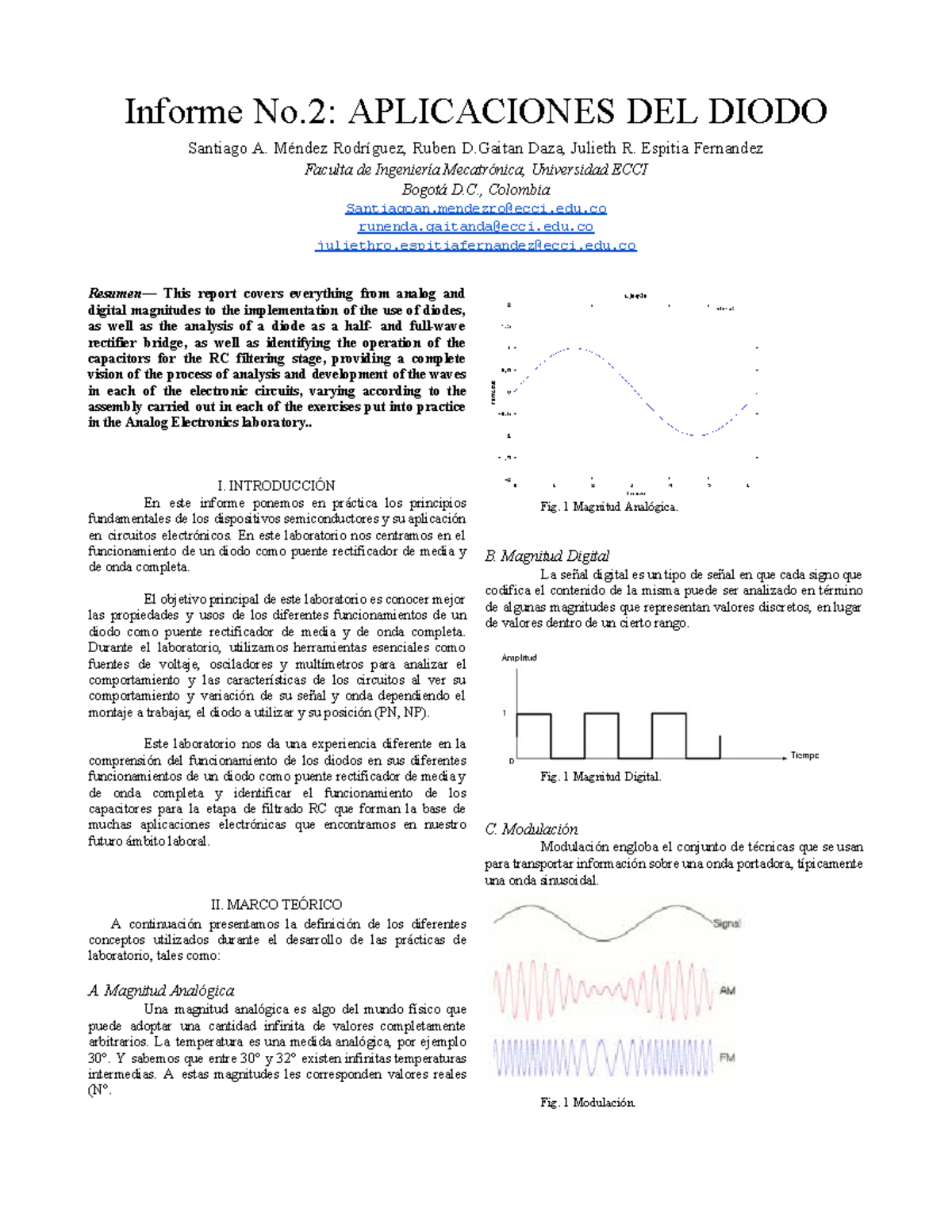 Laboratorio 2 Aplicaciones DEL Diodo - Informe No: APLICACIONES DEL DIODO Santiago A. Méndez ...