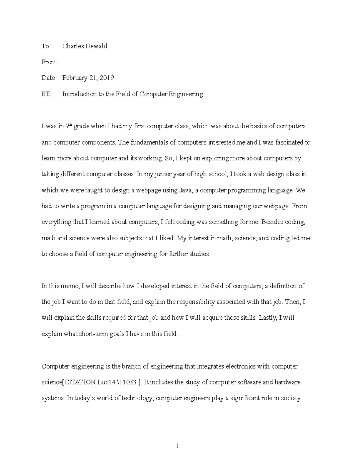 Paper 1-Intro to field - Grade: A - To: Charles Dewald From: Date ...