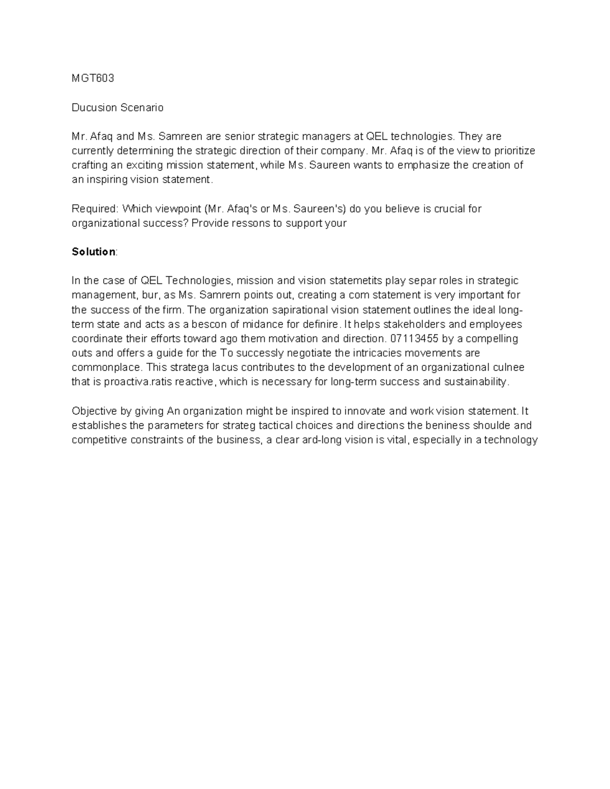 MGT603 - Course Assignment - MGT Ducusion Scenario Mr. Afaq and Ms ...