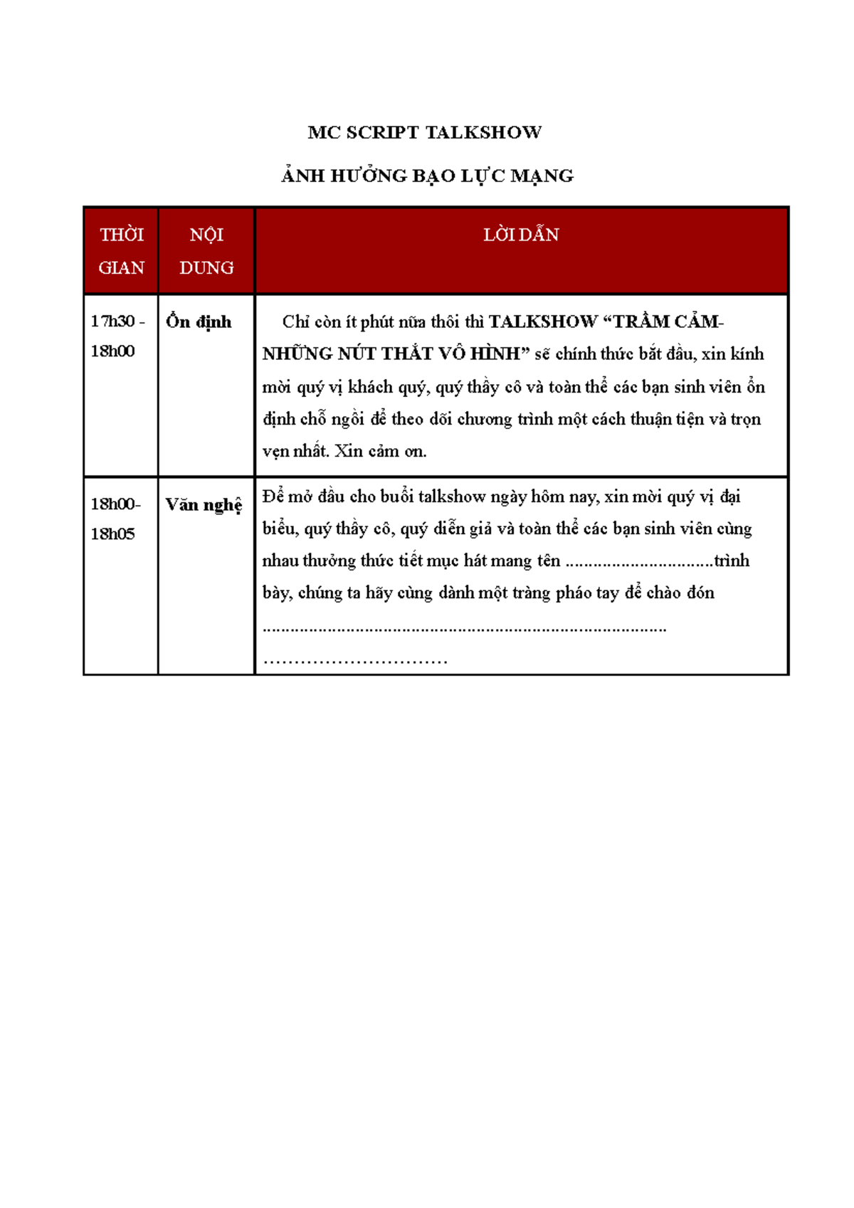 MC Script Talkshow ẢNH HƯỞNG BẠO LỰC MẠNG - MC SCRIPT TALKSHOW ẢNH HƯỞNG BẠO LỰC MẠNG THỜI GIAN ...