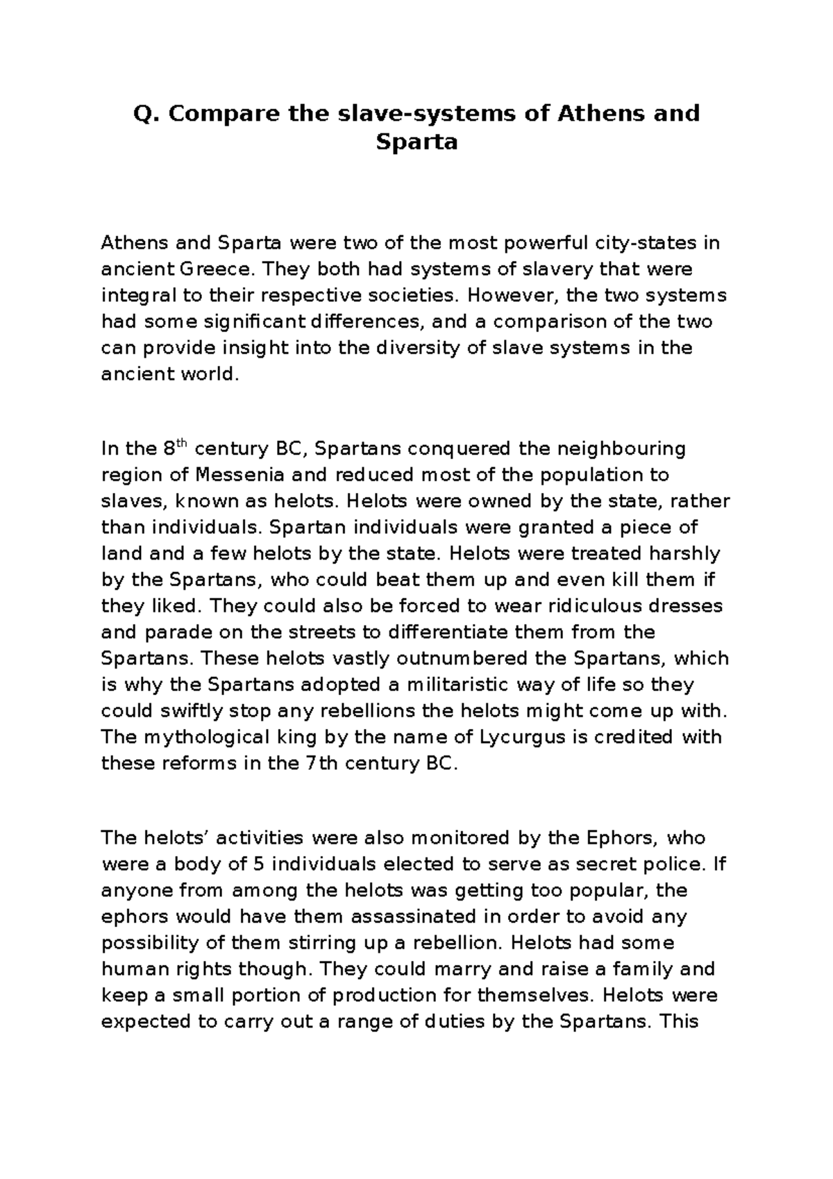 Essay on slave-systems of Athens and Sparta - Q. Compare the slave ...
