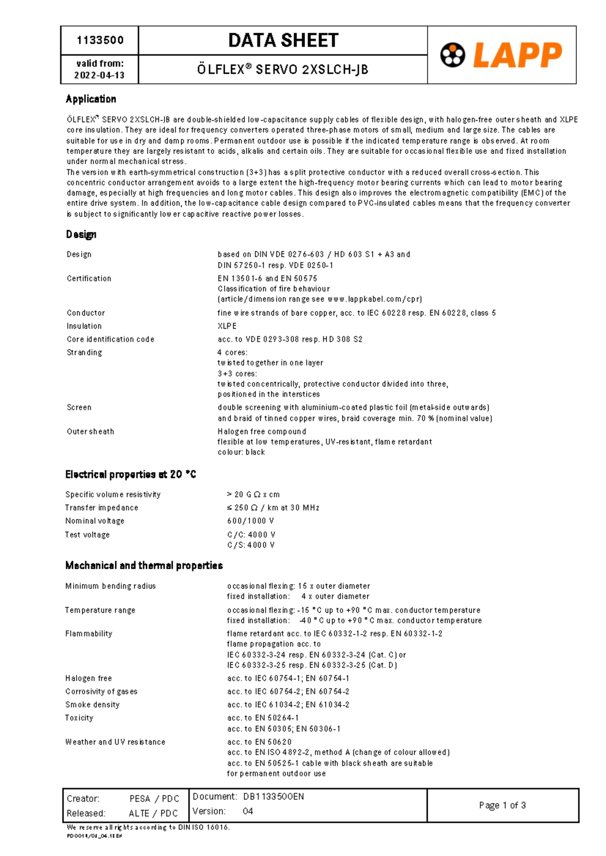 Datasheet (PDF) Olflex Servo 2 Xslch-JB - 1133500 DATA SHEET valid from ...