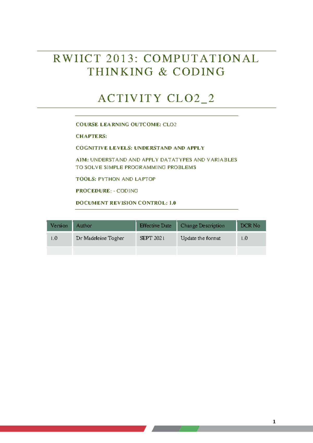 CLO2 - Week 05 Lab - Solution - R W I I C T 2 0 1 3 : C O M P U T A T I O N A L T H I N K I N G ...