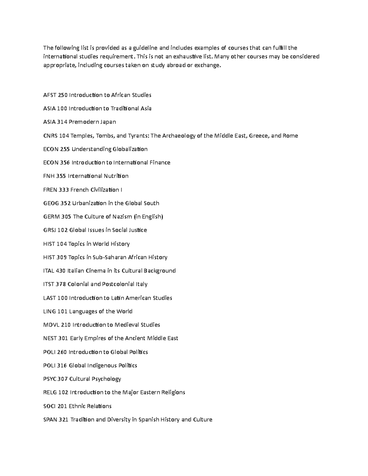 International studies course list - The following list is provided as a ...
