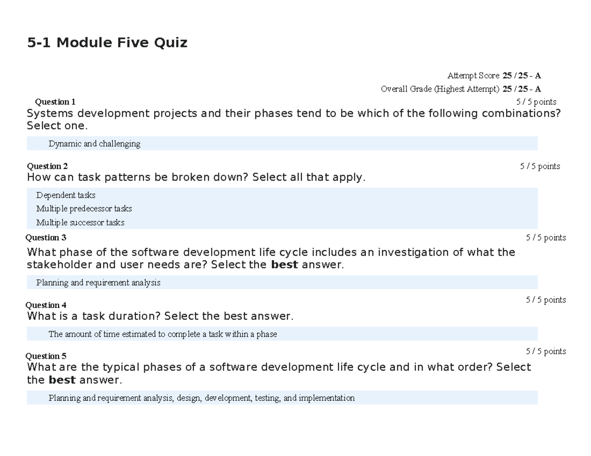 Mod 5 - Quiz 5 - 5-1 Module Five Quiz Attempt Score 25 / 25 - A Overall Grade (Highest Attempt ...