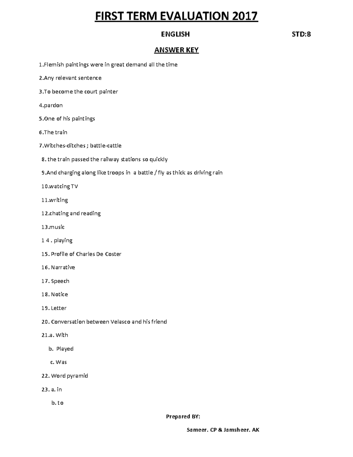 STD VIII Onam exam 2017 Answer key English - FIRST TERM EVALUATION 2017 ENGLISH STD: ANSWER KEY ...