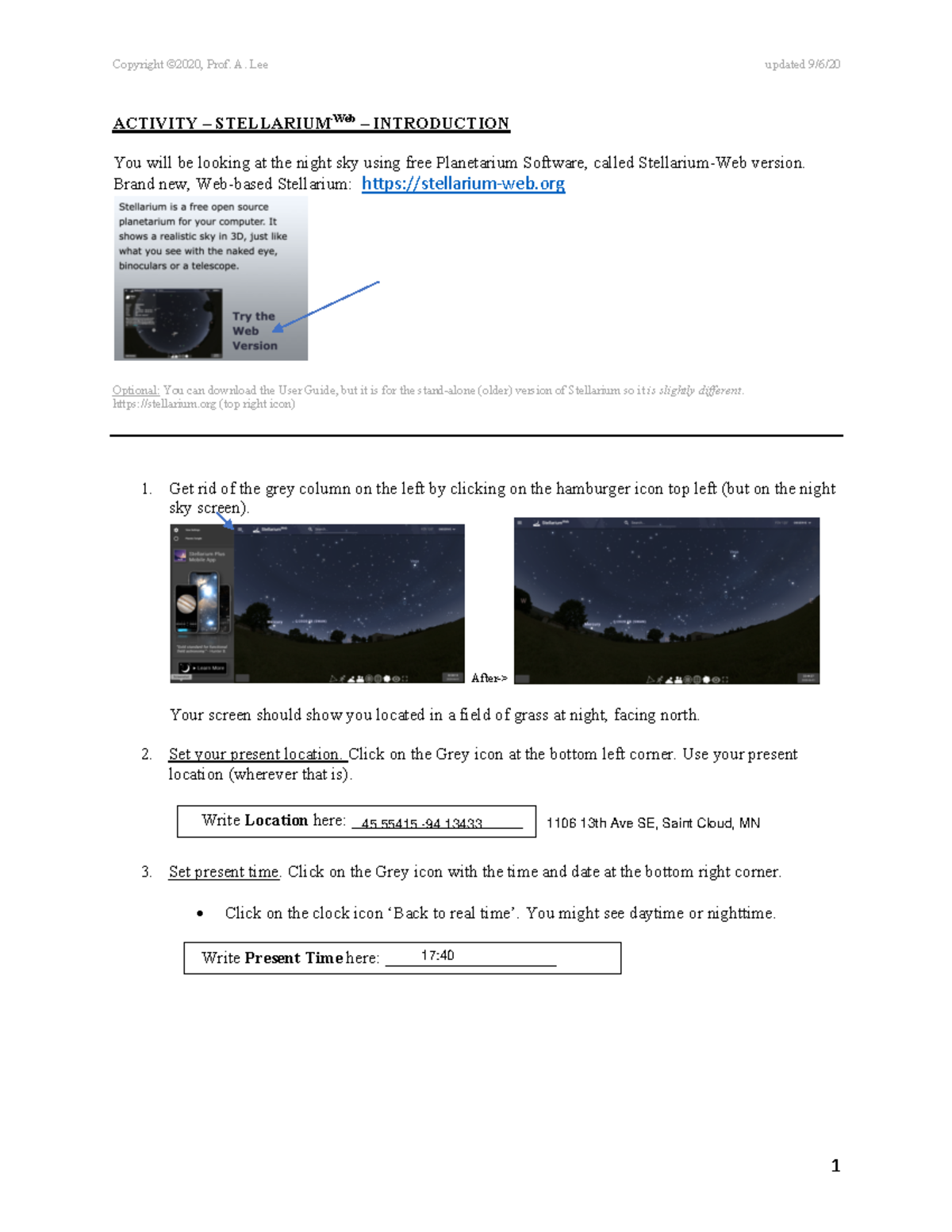 LAB3 Night Sky - ACTIVITY – STELLARIUM-Web – INTRODUCTION You will be ...