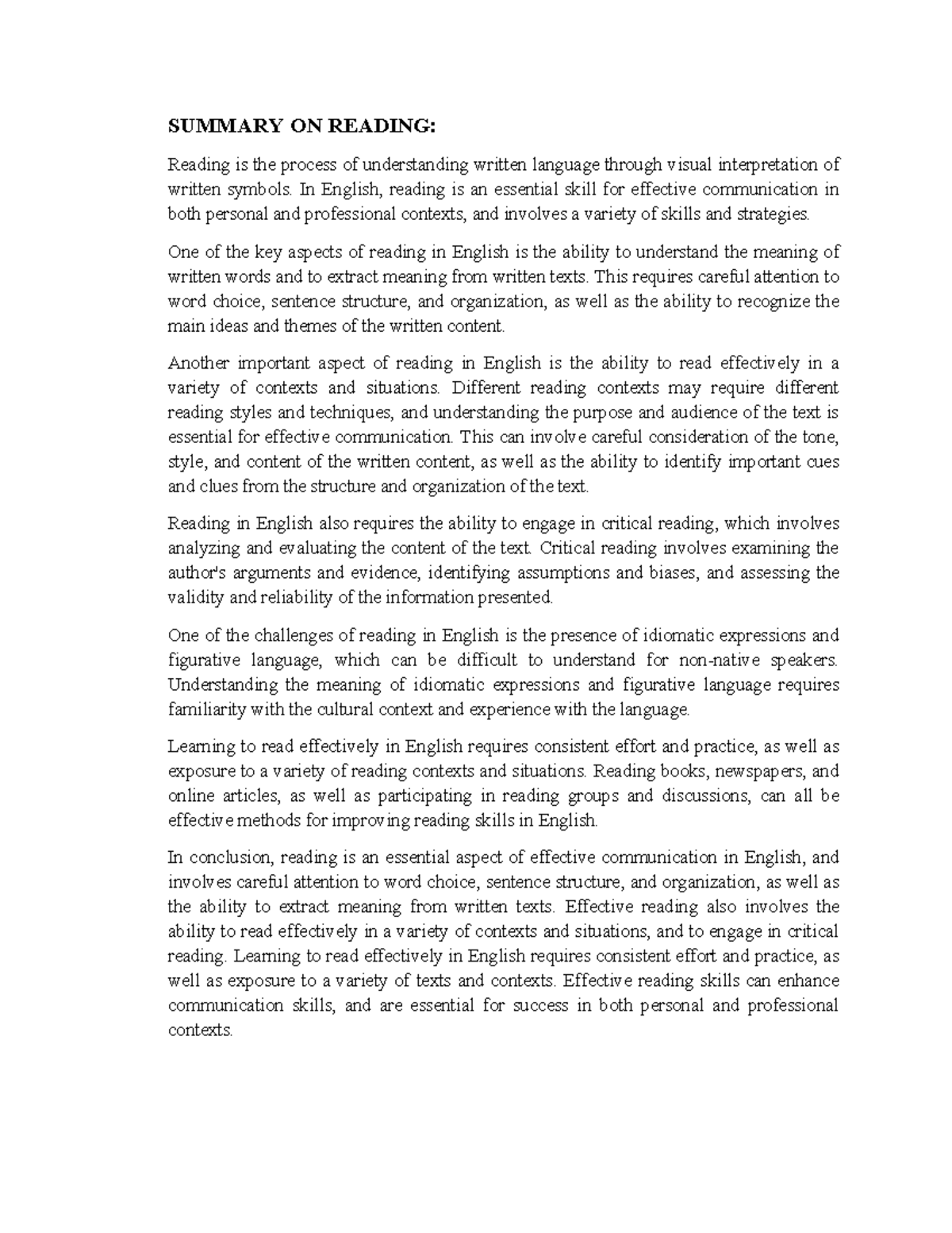 Summary ON Reading - SUMMARY ON READING: Reading is the process of ...