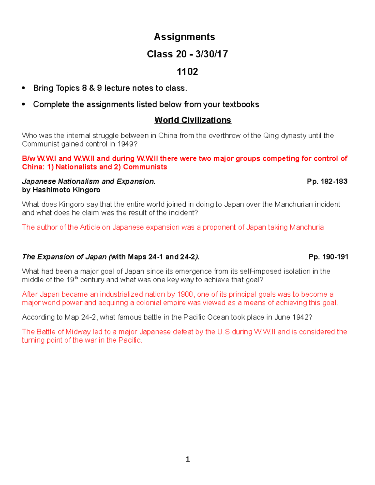 Assign-Class 20(3-30-17)-1102 - Assignments Class 20 - 3/30/ 1102 Bring ...