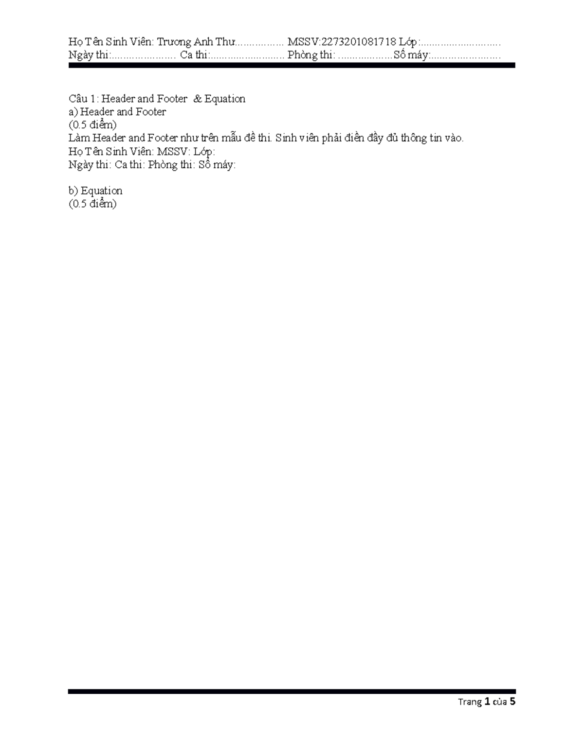 Du Lieu De Chan - thcb - Ngày thi:...................... Ca thi:.......................... Phòng ...