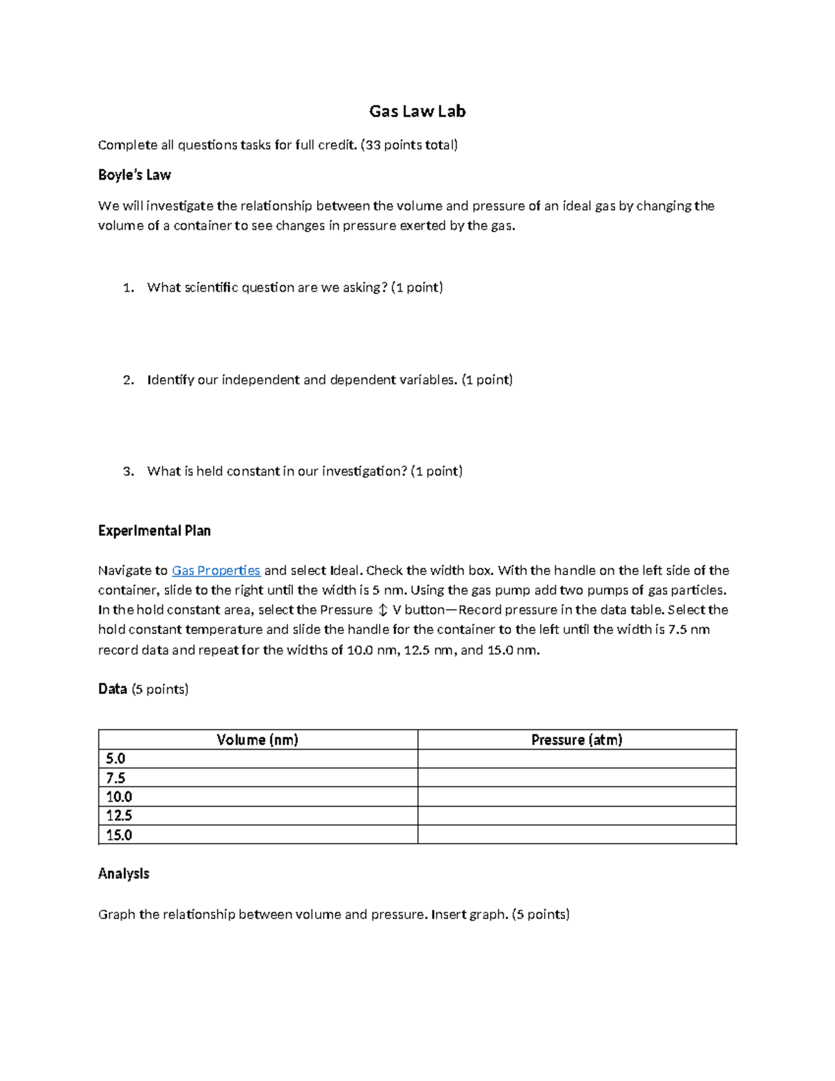 Gas Law Lab - Gas Law Lab Complete all questions tasks for full credit ...