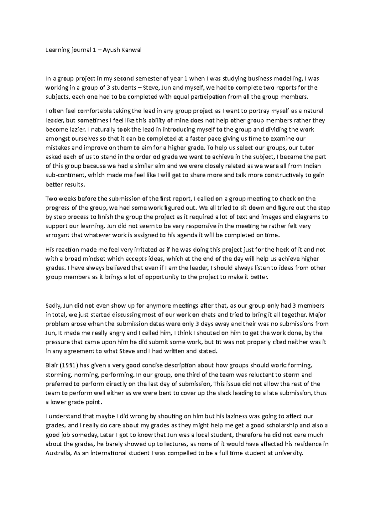 Learning journal 1 - I often feel comfortable taking the lead in any ...