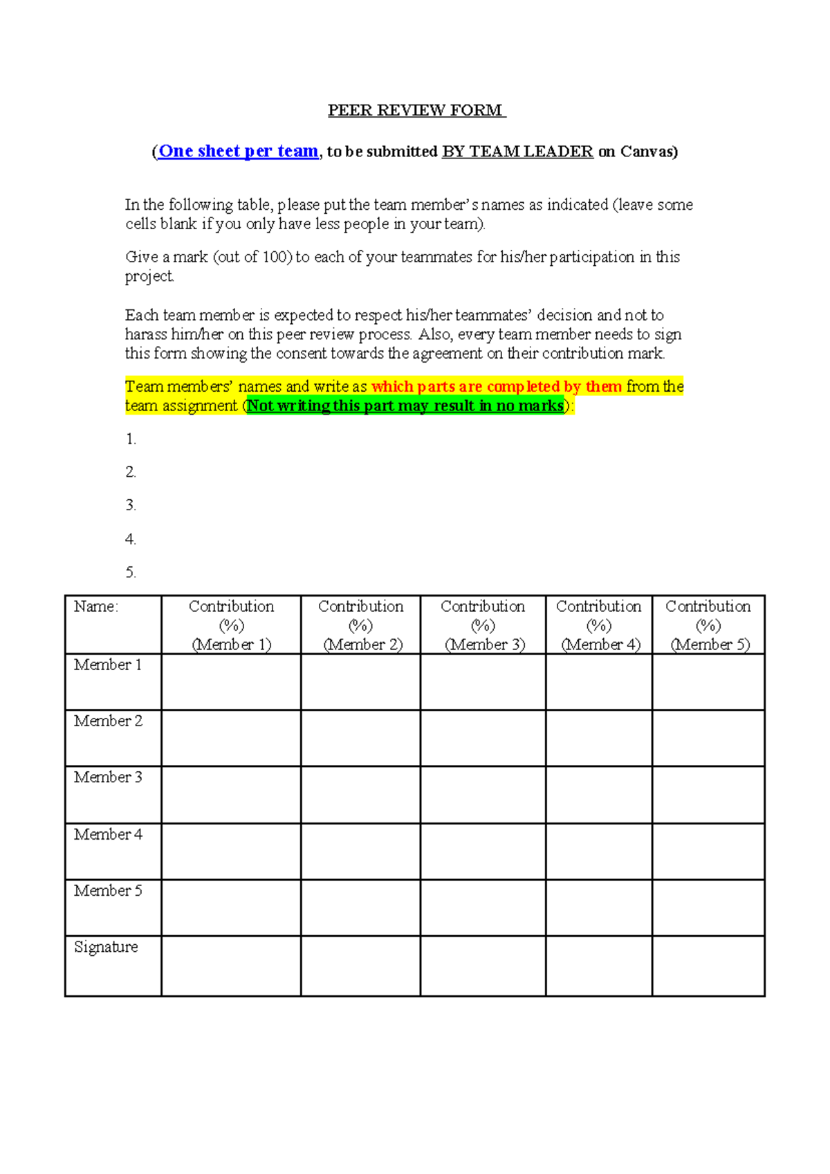 Peer Review Form - Group - PEER REVIEW FORM (One sheet per team, to be ...