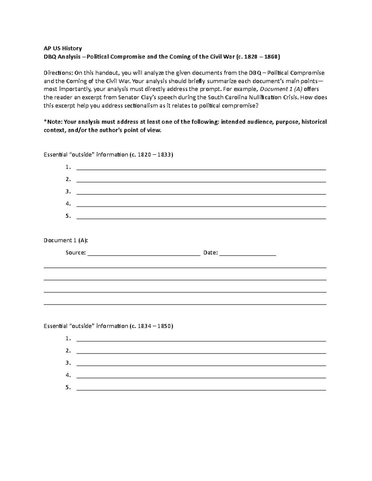 DBQ Analysis - Political Compromise and the Coming of the Civil War ...