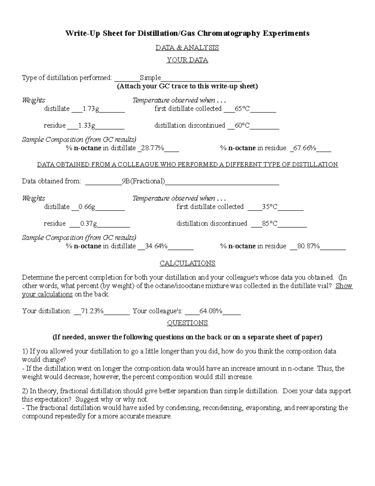 WU Expt 5 Distillation-GC - Write-Up Sheet for Distillation/Gas Chromatography Experiments DATA ...