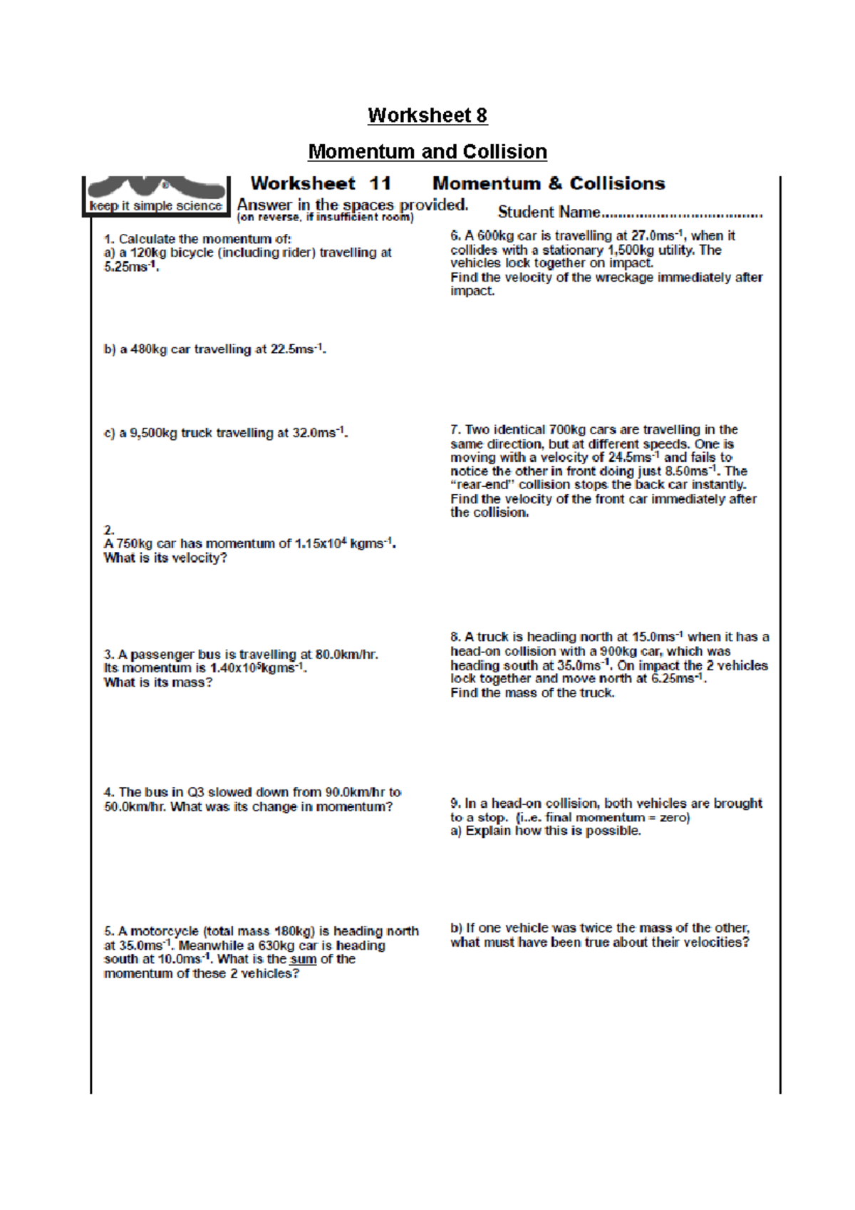 Module 2 Dynamics Momentum and Collision - Worksheet 8 Momentum and ...