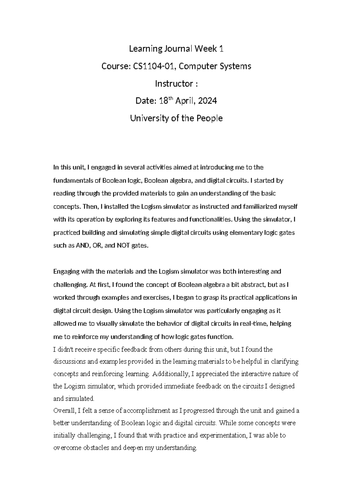 Learning journal week 1 - Learning Journal Week 1 Course: CS1104-01 ...