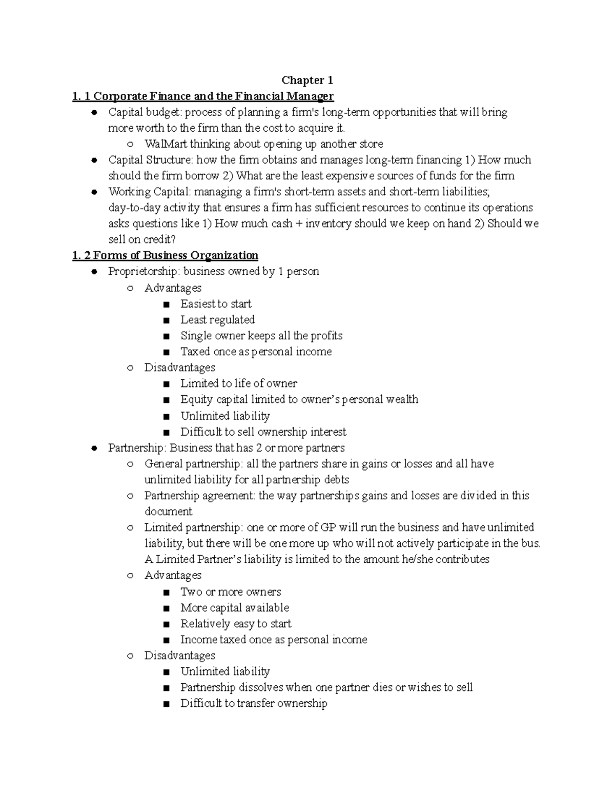 Finance Sheet Chapter 1 - Chapter 1 1 Corporate Finance and the ...