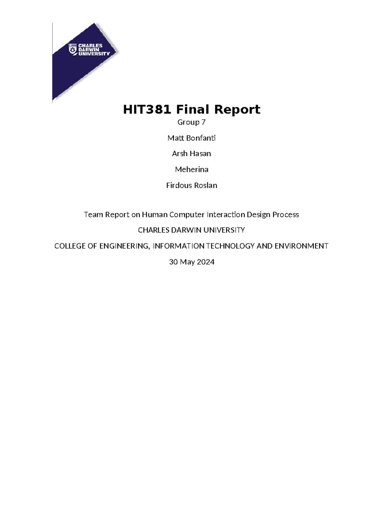 Final Report Template - part of assessment - HIT381 Final Report Group ...
